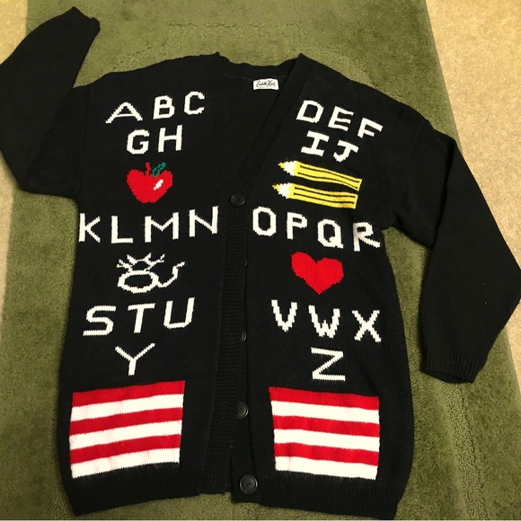 Cuddle Knit | Sweaters | Vintage Black Cardigan With Colorful School ...